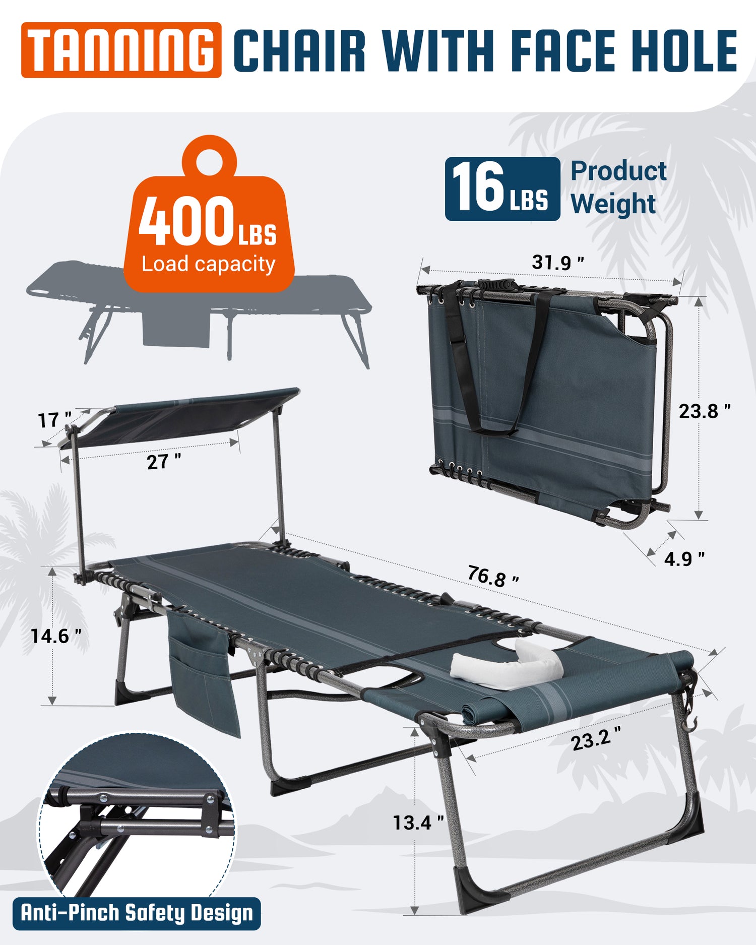 KingCamp MAGNOLIA B30 Folding Tanning Chair with Face Hole & Canopy Sh ...